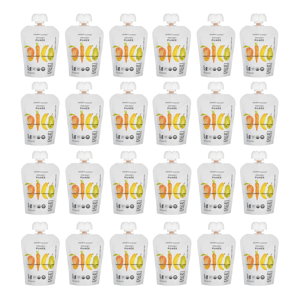 White Leaf Provisions Biodynamic & Organic Baby Food Pouches - USDA, GMO & BPA Free Squeezable Toddler Snacks - 24 x 90 grams (24 Pouches, Mango + Carrot + Banana + Pear)