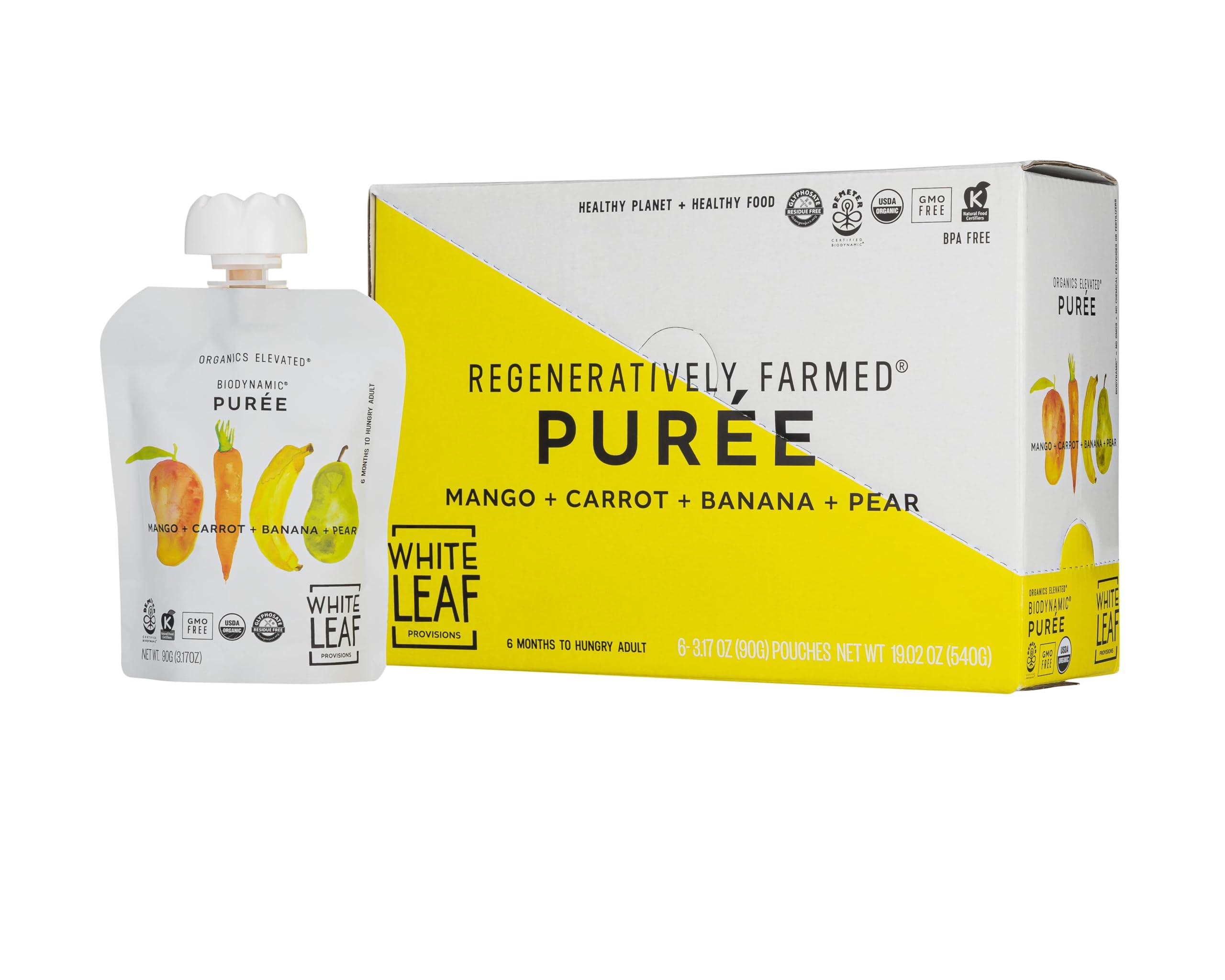 White Leaf Provisions Biodynamic & Organic Baby Food Pouches - USDA, GMO & BPA Free Squeezable Toddler Snacks - 24 x 90 grams (24 Pouches, Mango + Carrot + Banana + Pear)