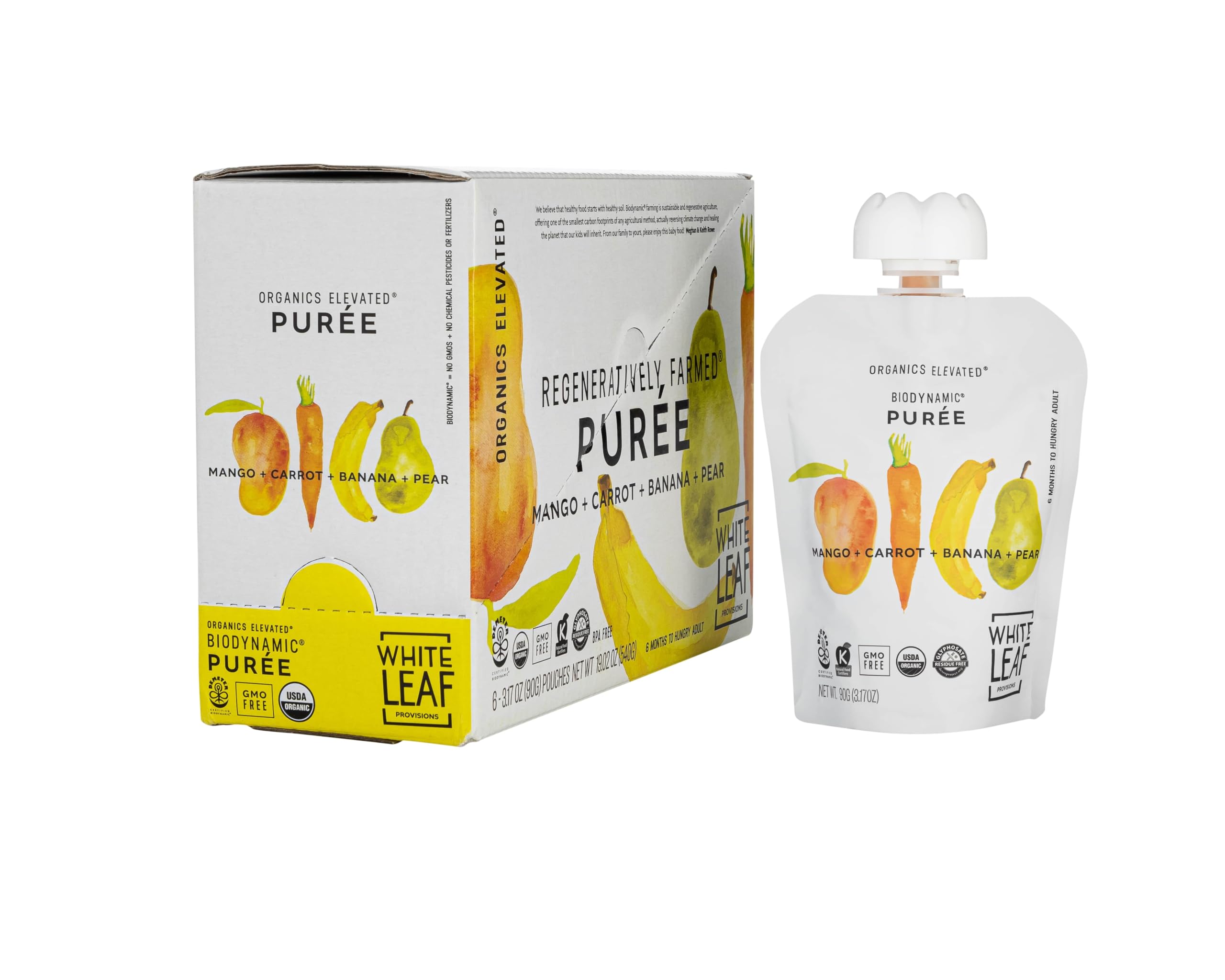 White Leaf Provisions Biodynamic & Organic Baby Food Pouches - USDA, GMO & BPA Free Squeezable Toddler Snacks - 24 x 90 grams (24 Pouches, Mango + Carrot + Banana + Pear)