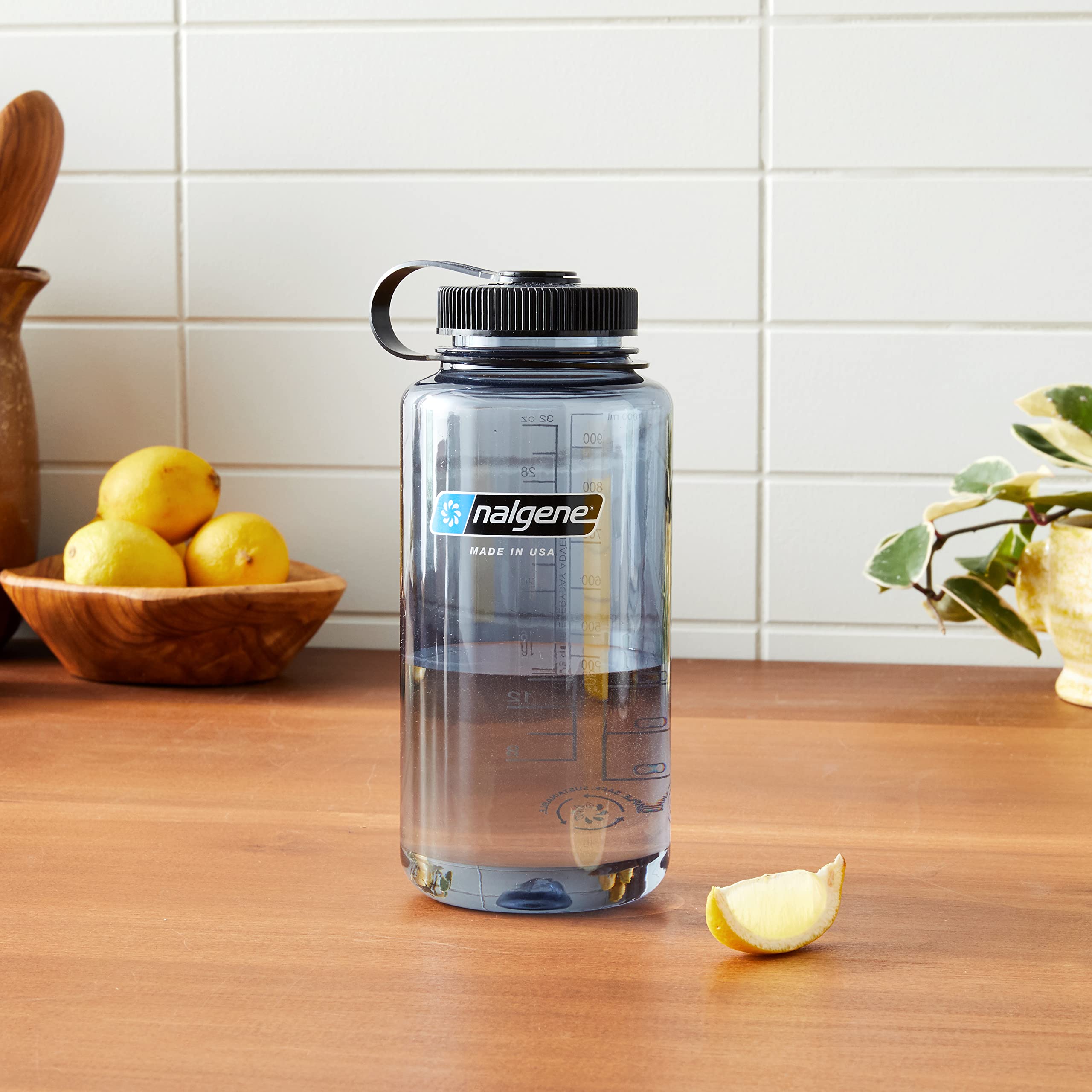 Nalgene Sustain Tritan BPA-Free Water Bottle Made with Material Derived From 50% Plastic Waste (using ISCC certified mass balance), 32 OZ, Wide Mouth, Gray w/ Black Lid