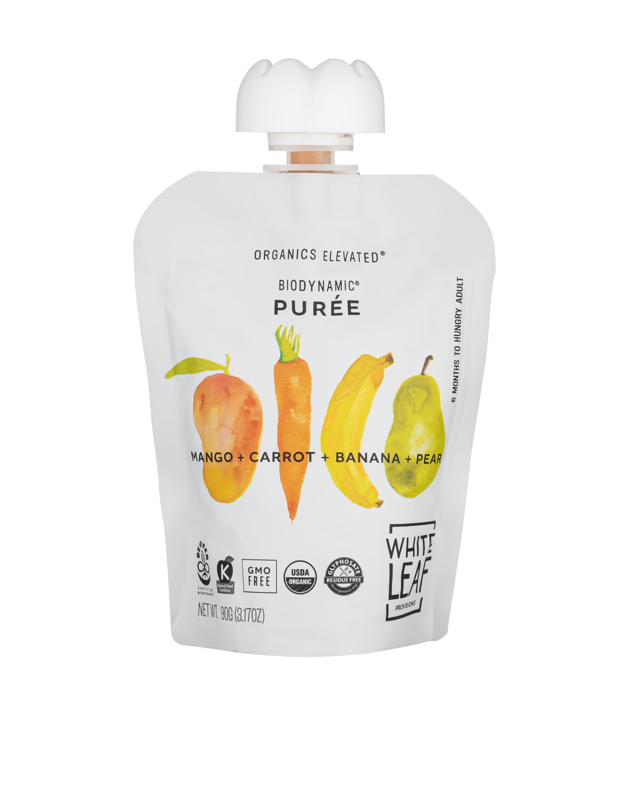 White Leaf Provisions Biodynamic & Organic Baby Food Pouches - USDA, GMO & BPA Free Squeezable Toddler Snacks - 24 x 90 grams (24 Pouches, Mango + Carrot + Banana + Pear)