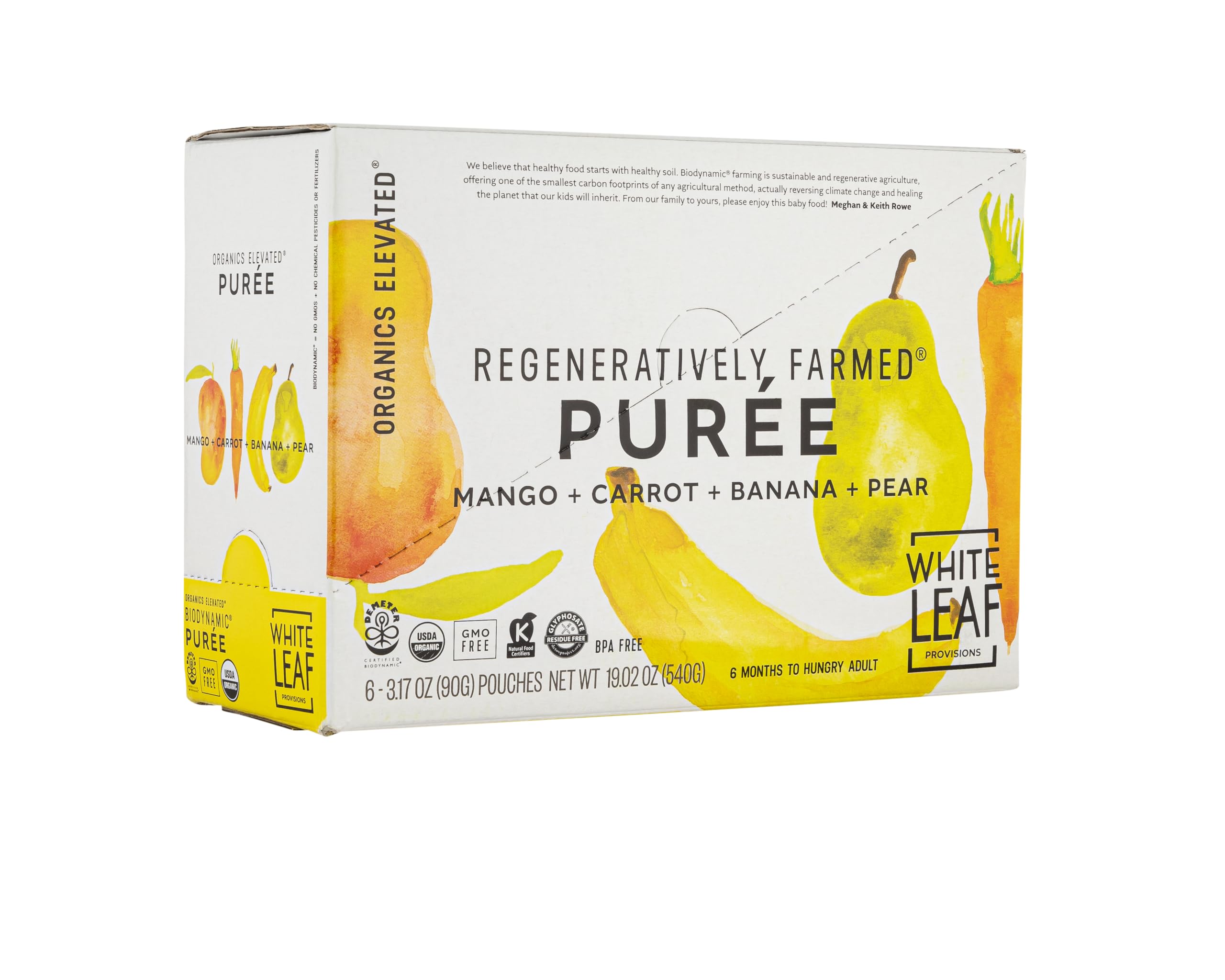 White Leaf Provisions Biodynamic & Organic Baby Food Pouches - USDA, GMO & BPA Free Squeezable Toddler Snacks - 24 x 90 grams (24 Pouches, Mango + Carrot + Banana + Pear)