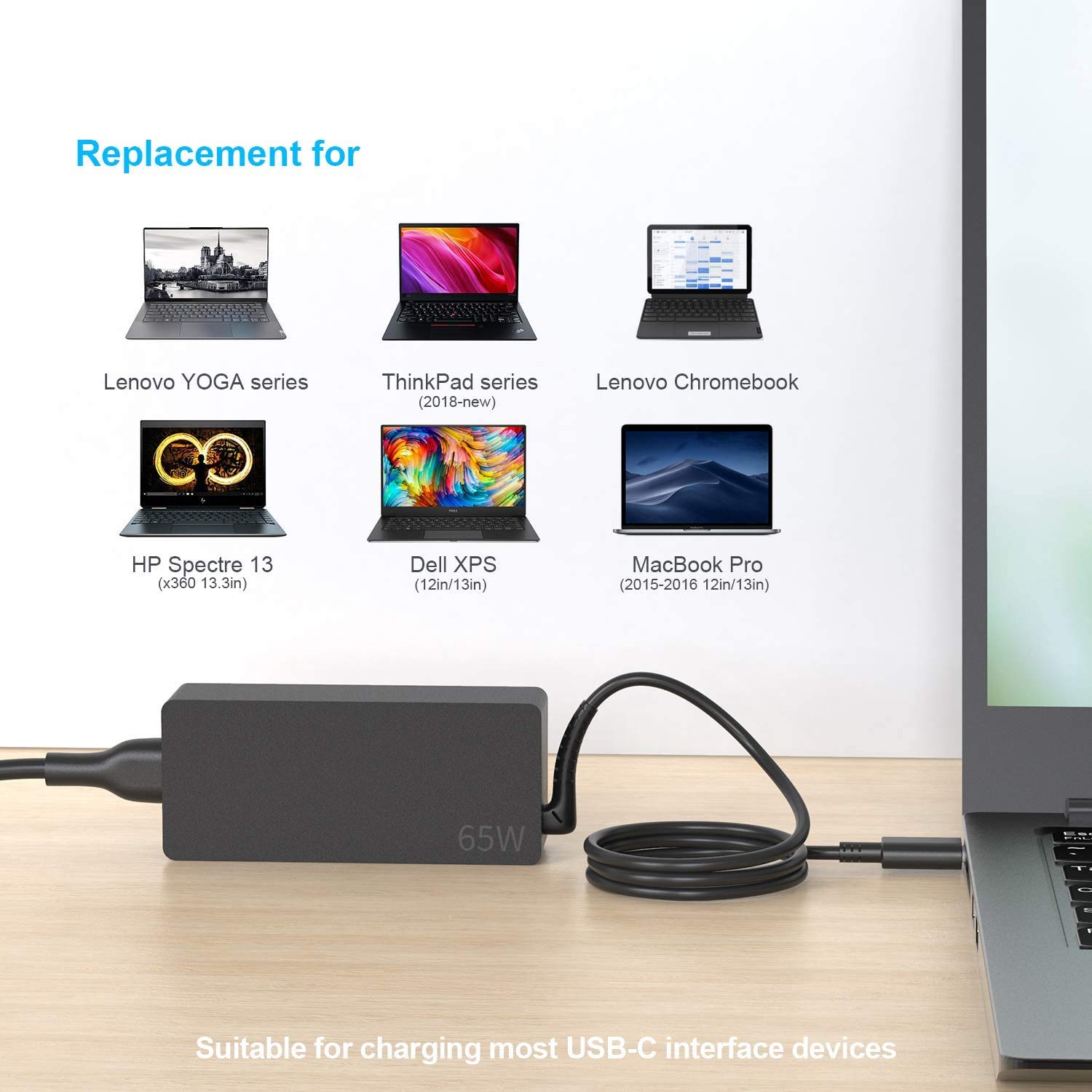 Replacement for 65W Lenovo Laptop Charger USB C ;for Lenovo ThinkPad T480s T580s T490 E480 E580 Chromebook C330 S330 100e 300e 500e,Yoga C930 C940 720 Power Supply Adapter Cord