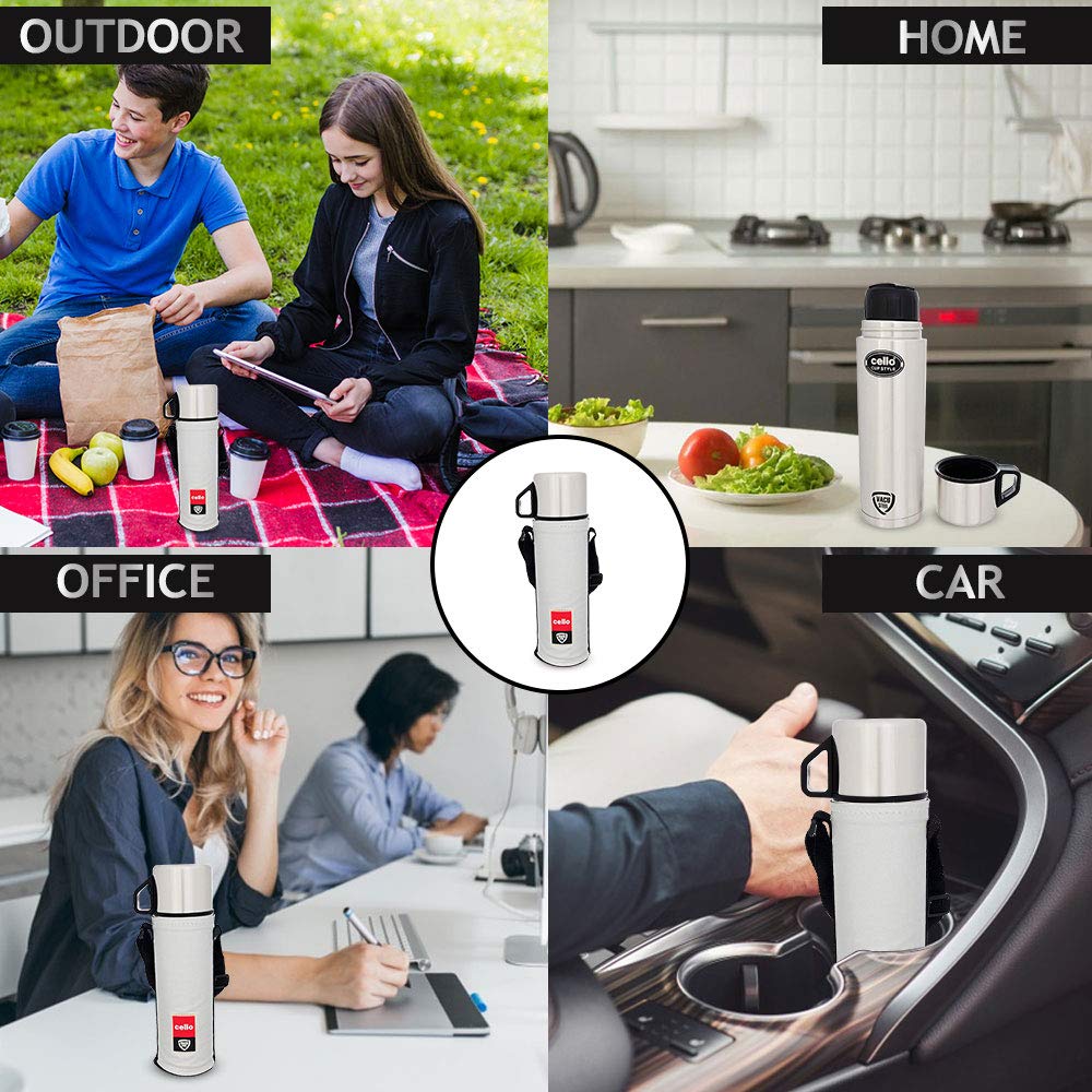 Cello Cup Style Stainless Steel Flask, Silver (Silver, 1 LTR)