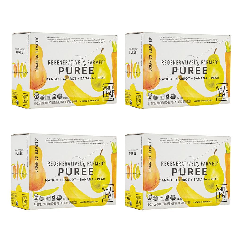 White Leaf Provisions Biodynamic & Organic Baby Food Pouches - USDA, GMO & BPA Free Squeezable Toddler Snacks - 24 x 90 grams (24 Pouches, Mango + Carrot + Banana + Pear)