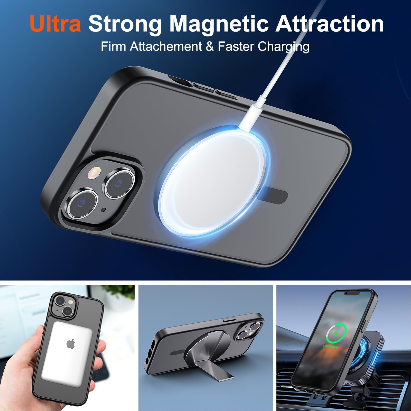 SUPFINE Magnetic for iPhone 14 Case & iPhone 13 Case (Compatible with MagSafe)(Military Grade Drop Protection) Slim Translucent Matte Shockproof Phone Cover,Black