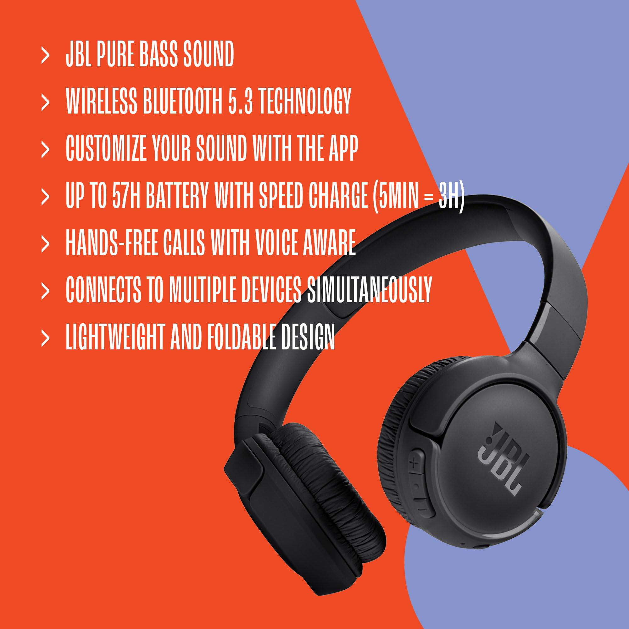 JBL JBLT520BTBLKAM-Z Tune 520BT Wireless on-ear Headphones, Black - (Renewed)