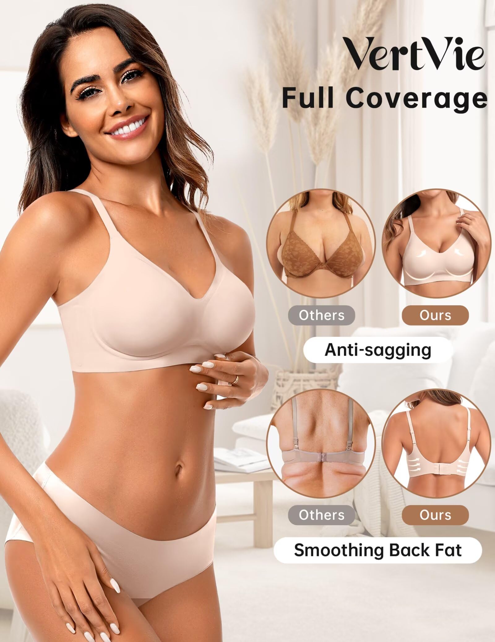 Vertvie Womens Seamless Bra No Underwire Comfort Push Up Bras Buttery Soft Wireless Bralette Full Coverage Sport Everyday Bra(Skin,Medium)