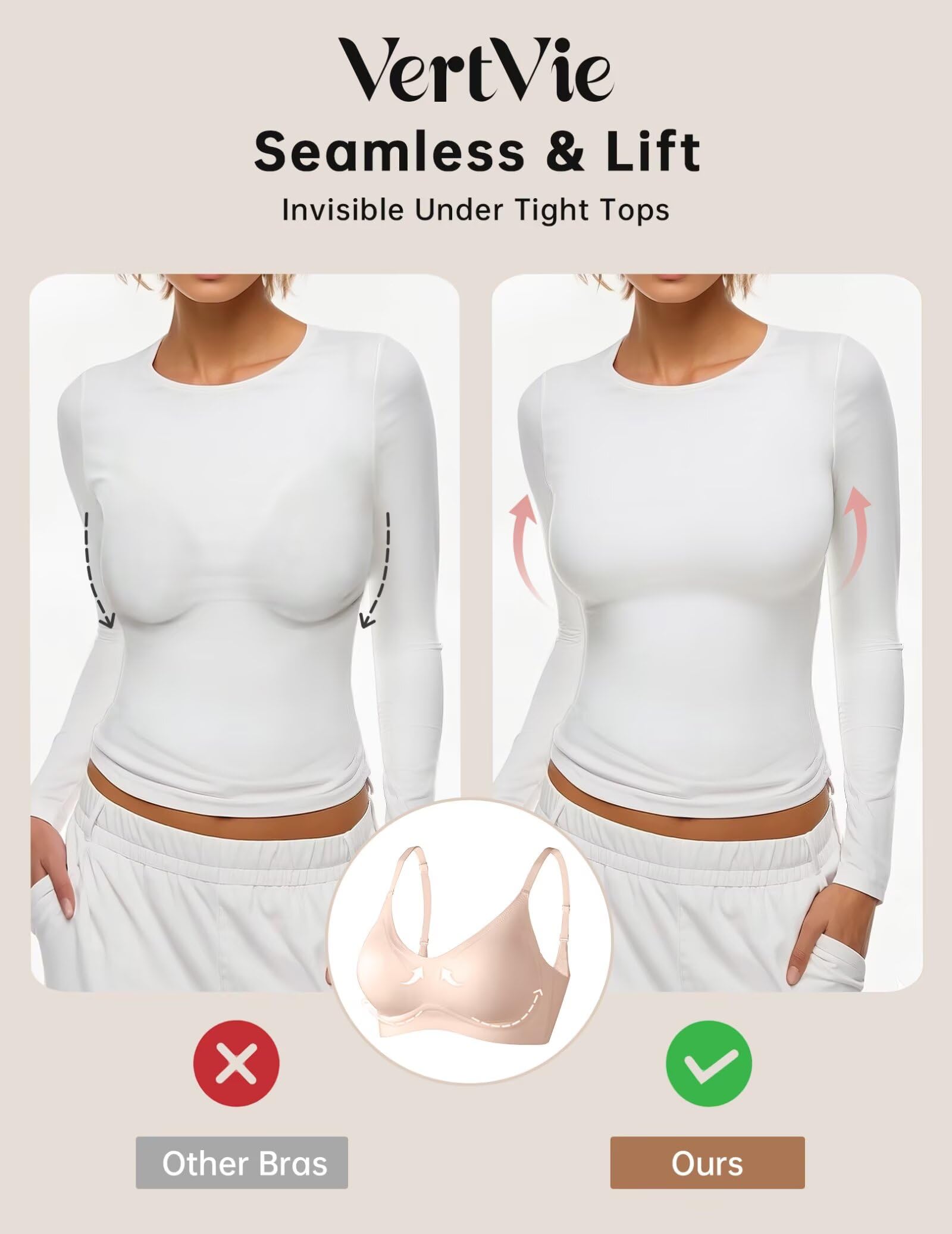 Vertvie Womens Seamless Bra No Underwire Comfort Push Up Bras Buttery Soft Wireless Bralette Full Coverage Sport Everyday Bra(Skin,Medium)
