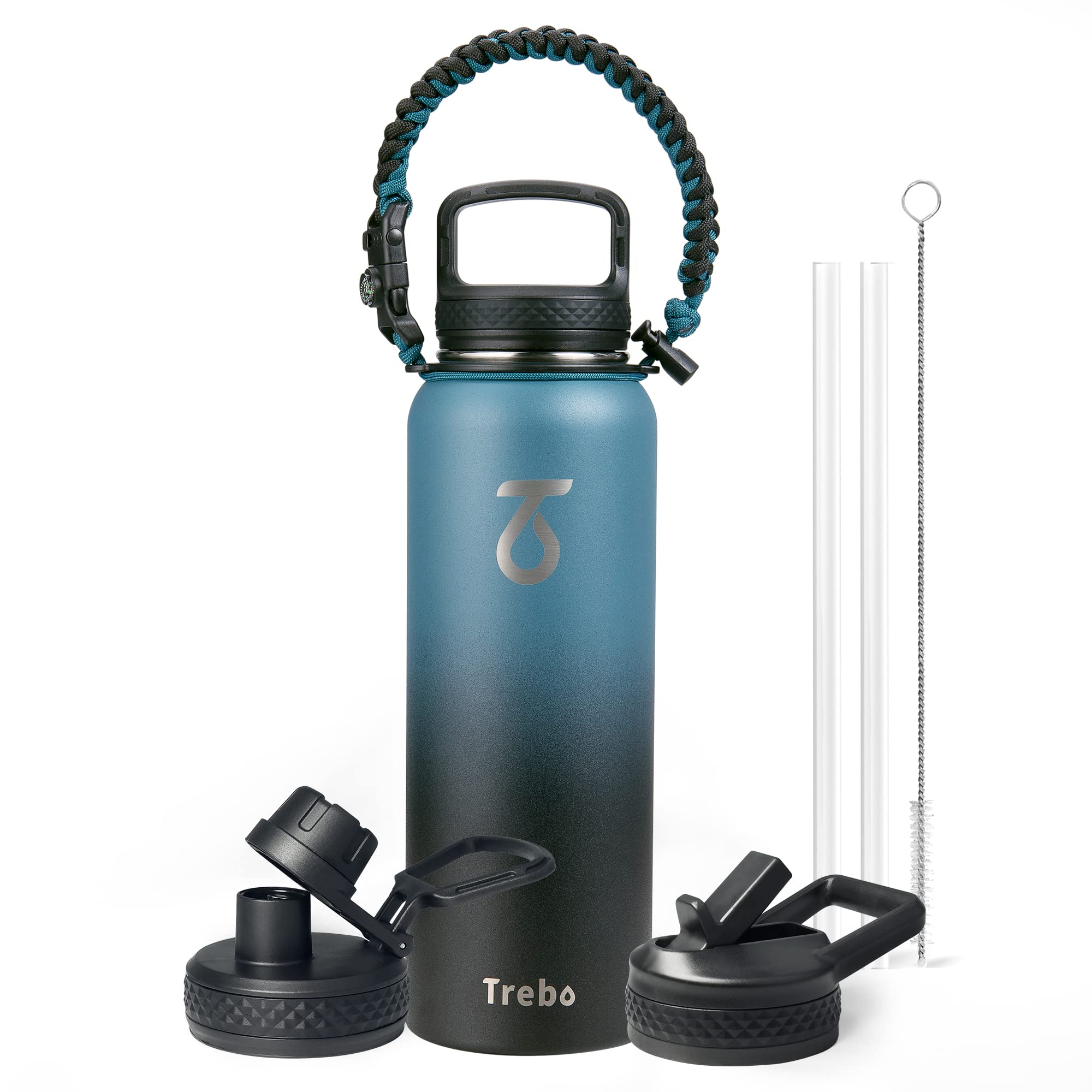Trebo Water Bottle 40oz with Paracord Handle,Vacuum Double Wall Stainless Steel Insulated Water Jug with Straw Spout Handle Lids, Large Sports Flask Keep Cold & Hot, Ombre: Indigo/Black