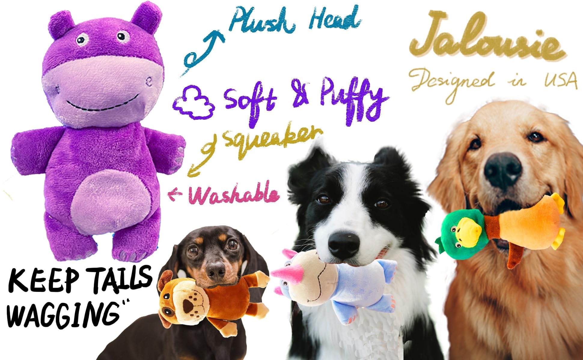 Jalousie Multipack Dog Squeaky Toys Strong Almost Indestructible, with Added Liner for Longer Play Dog Chew Toys (Medium Size - 6 Pack Assorted Animals)