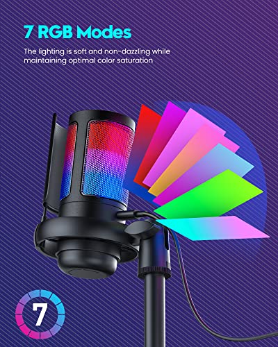 COCONISE Gaming Microphone, USB PC Mic for Podcasts Videos, Streaming, Condenser Mic with Quick Mute, Tripod Stand, Pop Filter, RGB Indicator, Shock Mount, Rotate gain button, Compatible with PS4/5/PC