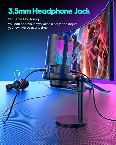 COCONISE Gaming Microphone, USB PC Mic for Podcasts Videos, Streaming, Condenser Mic with Quick Mute, Tripod Stand, Pop Filter, RGB Indicator, Shock Mount, Rotate gain button, Compatible with PS4/5/PC