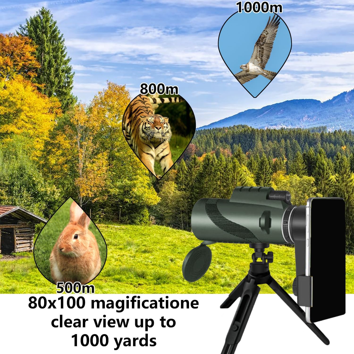 Monocular Telescope 80x100 High Powered for Adults for Smartphone Adapter Telescope Hunting Wildlife Bird Watching Travel Camping Hiking-Green