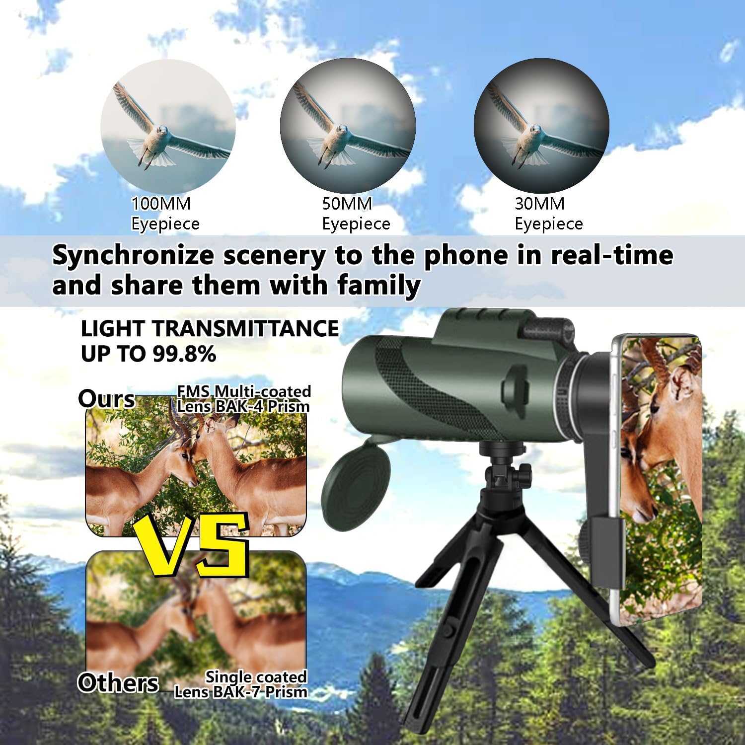 Monocular Telescope 80x100 High Powered for Adults for Smartphone Adapter Telescope Hunting Wildlife Bird Watching Travel Camping Hiking-Green