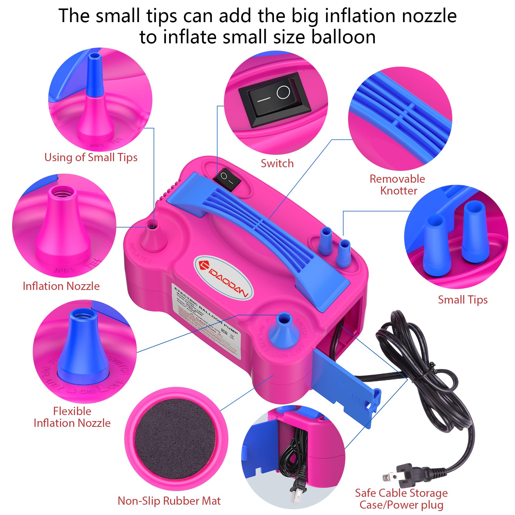 IDAODAN Electric Balloon Pump, Portable Electric Balloon Blower Machine Balloon Air Pump Dual Nozzle110V 600W Balloon Inflator for Party Decorations