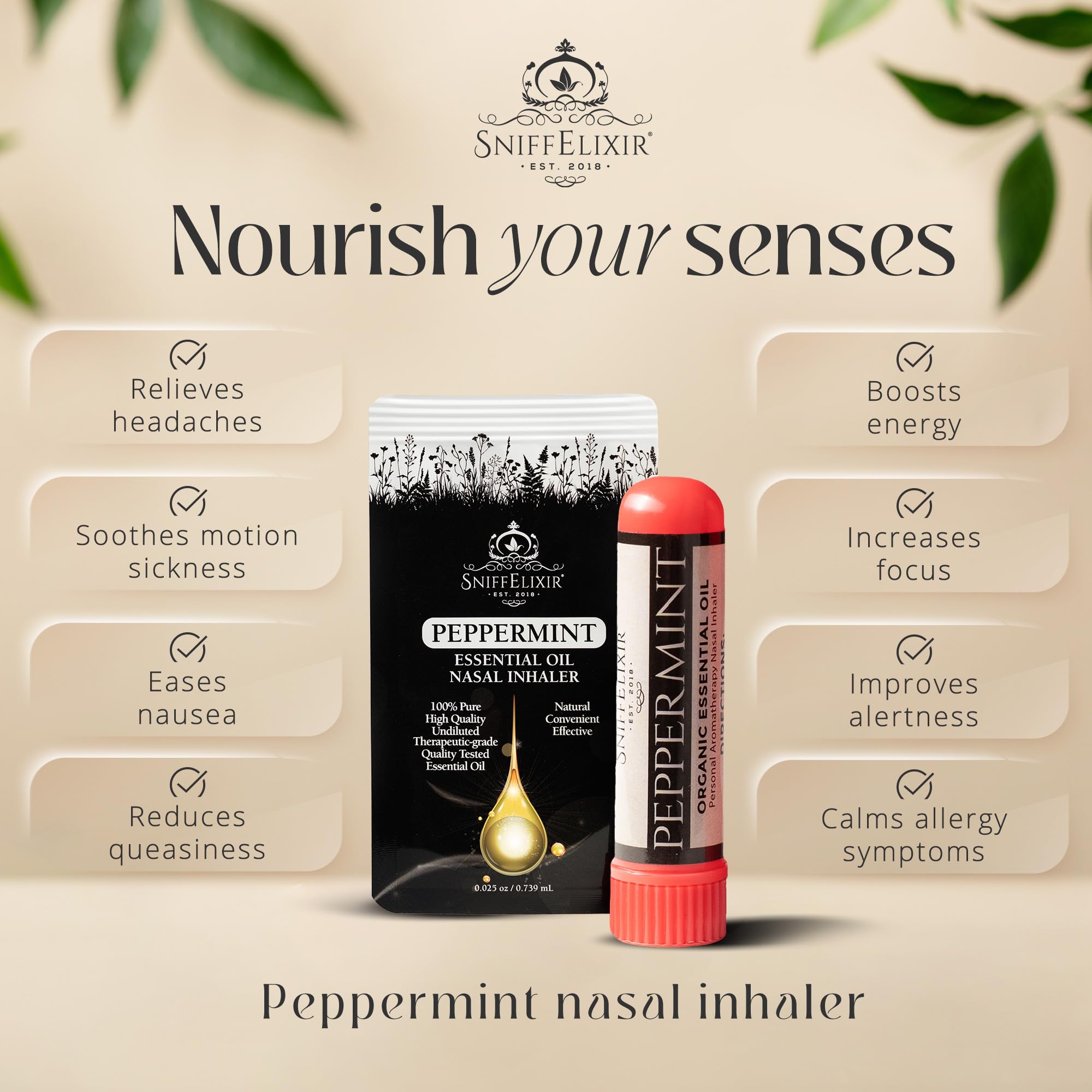 Peppermint Inhaler Nasal Stick - Aromatherapy Nasal Inhaler, Portable Nose Inhaler Stick, Non Drowsy Motion Sickness Nausea Stick with Peppermint Essential Oil for Migraine Stick, and Headache
