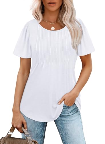 Womens Tops Dressy Casual Trendy Pleated Short Sleeve Summer Shirts White XXL