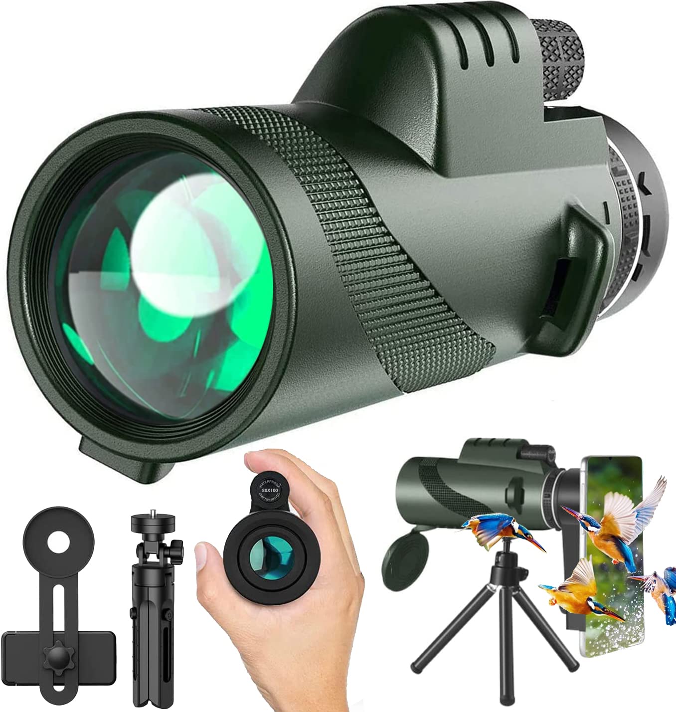 Monocular Telescope 80x100 High Power Monoculars for Smartphone with Tripod, HD Monocular for Adults, Lightweight BAK-4 Prism Monoculars for Hiking Hunting Stargazing Bird Watching-Green