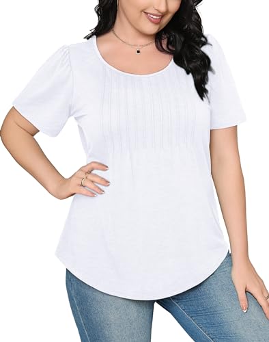 Womens Tops Dressy Casual Trendy Pleated Short Sleeve Summer Shirts White XXL