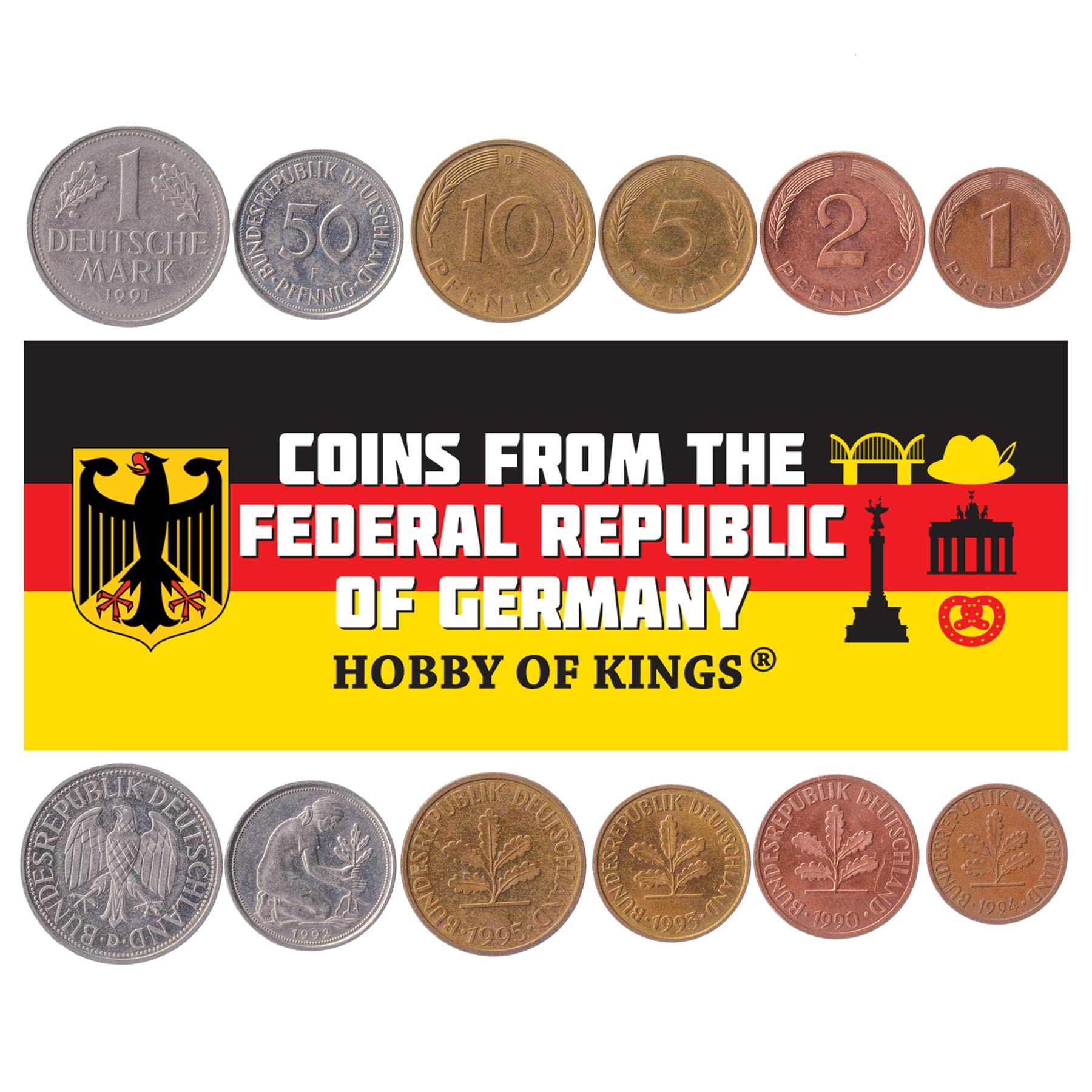 6 Coins from Germany | German Coin Set Collection 1 2 5 10 50 Pfennig 1 Deutsche Mark | Circulated 1990-2001 | Eagle | Oak Seedling