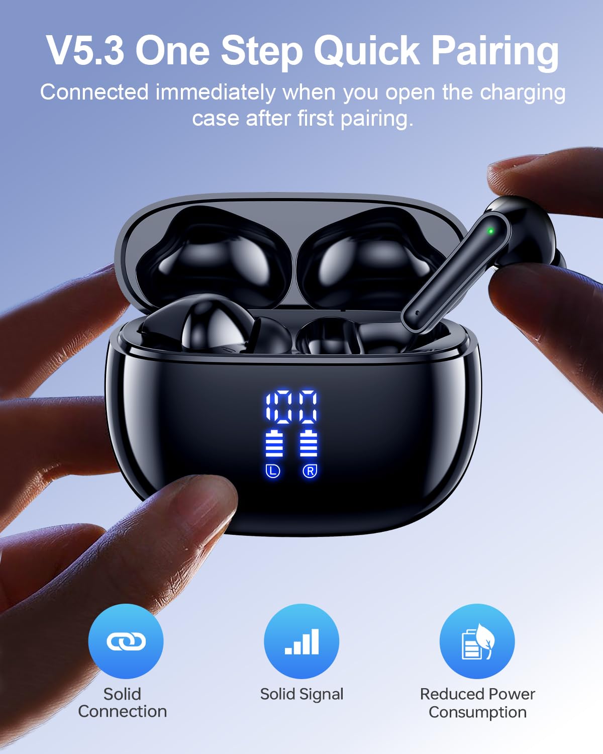 HUIFU Wireless Earbuds Bluetooth Headphones, Ear Buds with Deep Bass, 40H Long Playtime, Power Display, IPX7 Waterproof in Ear Earphone with Mic for Phone Tablet Sports Workout, Black