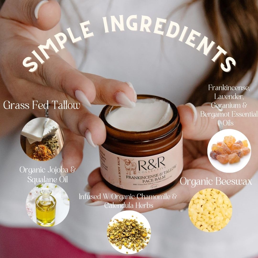 Handmade Tallow Face Moisturizer- 100% Grass Fed Beef Tallow for Skin Care- Handmade Whipped Frankincense and Tallow Balm- Sensitive & Dry Skin, Eczema, Psoriasis- 2 FL. oz. (Frankincense Face)