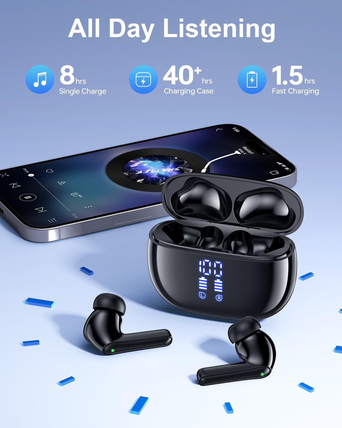HUIFU Wireless Earbuds Bluetooth Headphones, Ear Buds with Deep Bass, 40H Long Playtime, Power Display, IPX7 Waterproof in Ear Earphone with Mic for Phone Tablet Sports Workout, Black