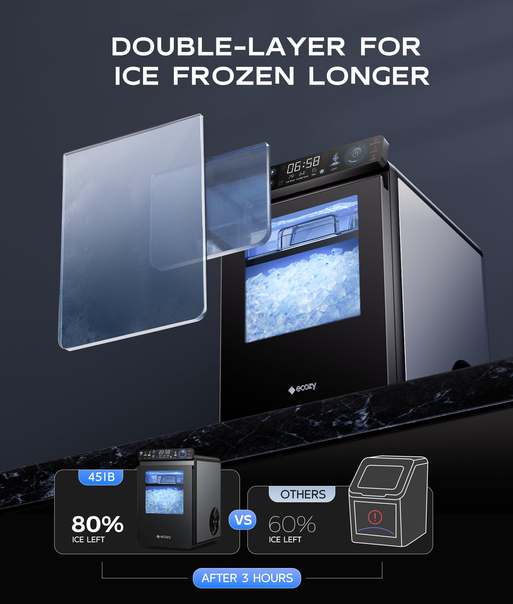 ecozy Smart Nugget Ice Maker Countertop, First Full-Color Smart Panel Ice Machine with APP Control, Double-Layer Insulation, 44 lbs/24H Soft Pellet Chewable Ice, Pull-Out Water Tank, Self-Cleaning