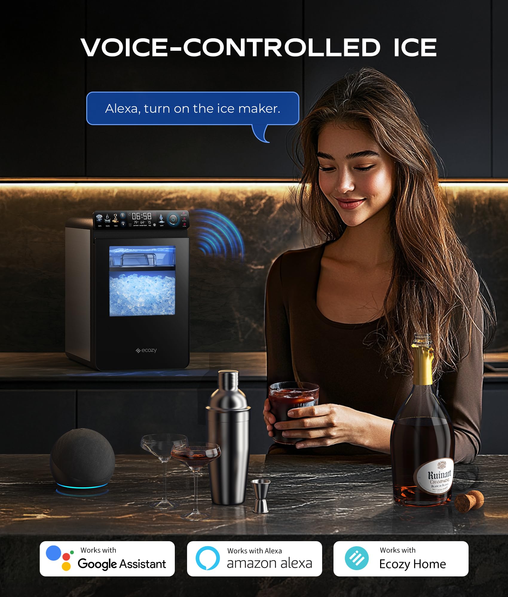 ecozy Smart Nugget Ice Maker Countertop, First Full-Color Smart Panel Ice Machine with APP Control, Double-Layer Insulation, 44 lbs/24H Soft Pellet Chewable Ice, Pull-Out Water Tank, Self-Cleaning