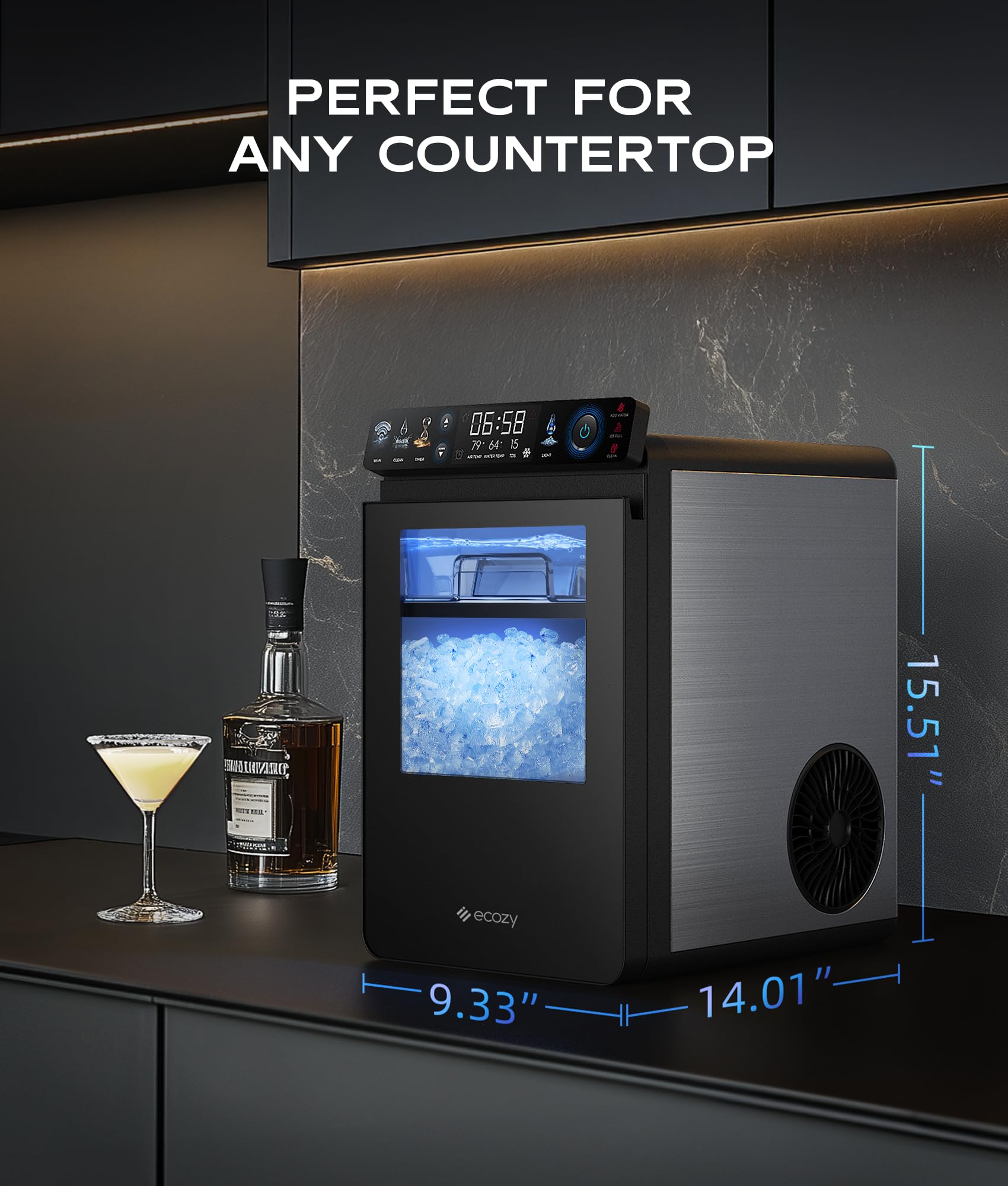 ecozy Smart Nugget Ice Maker Countertop, First Full-Color Smart Panel Ice Machine with APP Control, Double-Layer Insulation, 44 lbs/24H Soft Pellet Chewable Ice, Pull-Out Water Tank, Self-Cleaning
