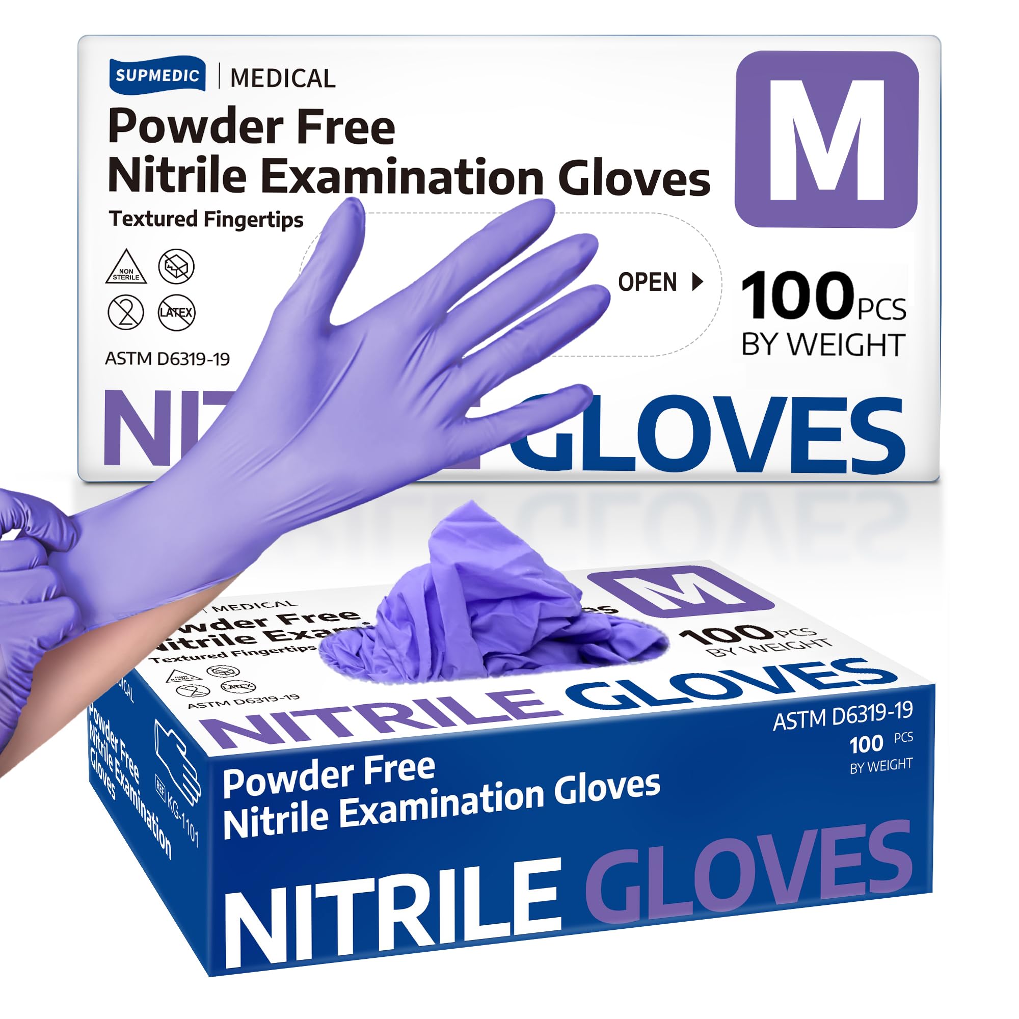 Supmedic Nitrile Exam Gloves, 3.5 Mil Powder-Free Food Safe Cleaning First Aid Disposable Medical Glove, Purple 100 Pcs (Medium)