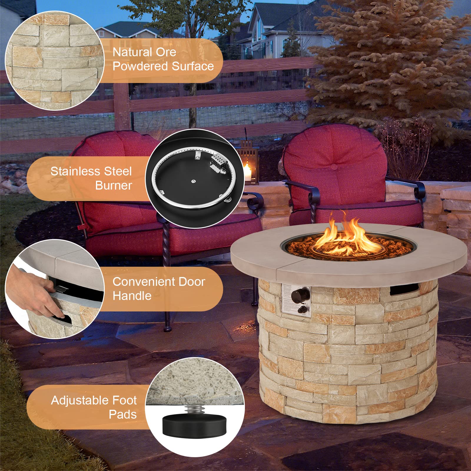 Tangkula 50,000 BTU Propane Gas Fire Pit Table, Patiojoy 36β Round Propane Firepit with Removable Lid, Volcanic Rock & PVC Cover, Outdoor Fire Pit Table with Faux Stone Surface for Patio, Backyard