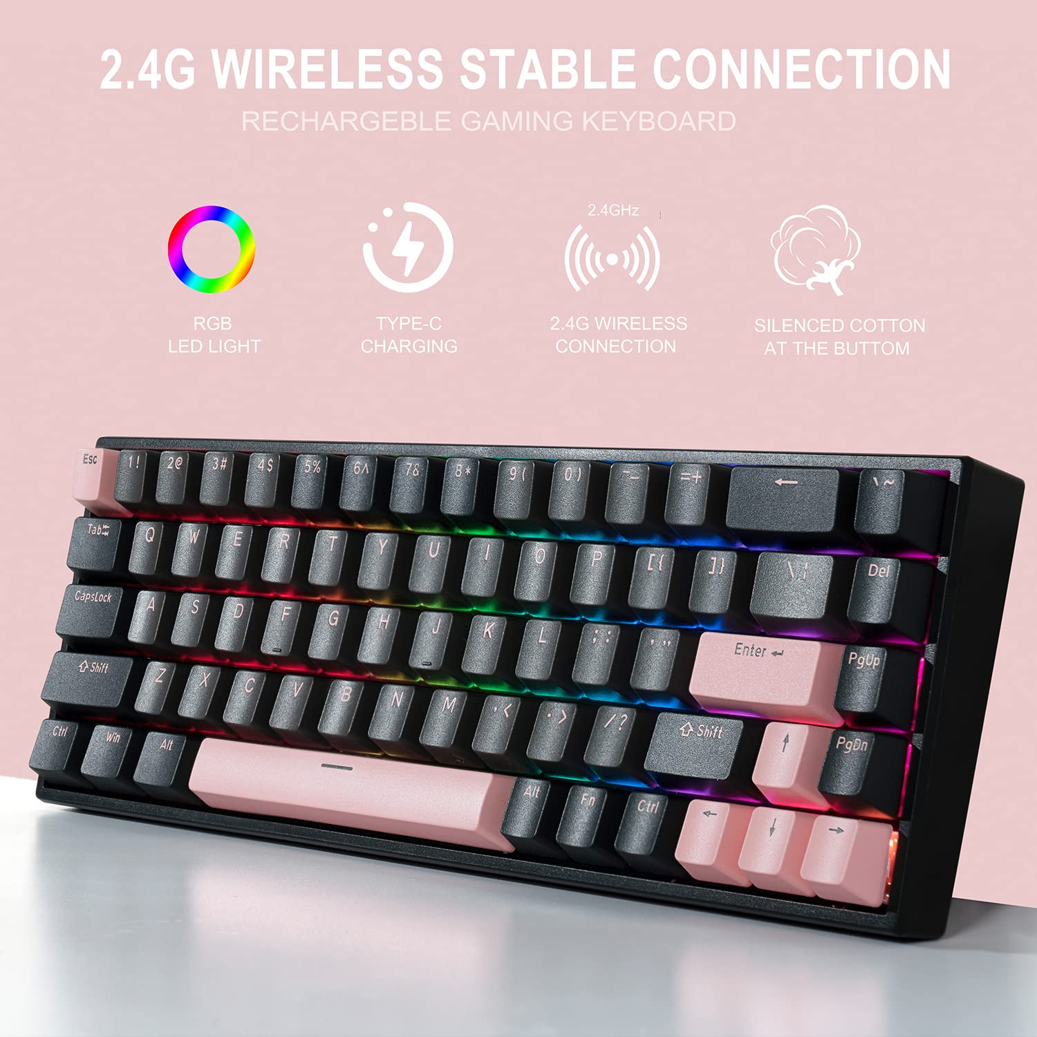 ONE METER 60 Percent Wireless Mechanical Gaming Keyboard, Portable Ultra-Compact 68 Keys Gaming Keyboard Hot Swappable Gateron G-pro switches with RGB Backlit and PBT keycaps