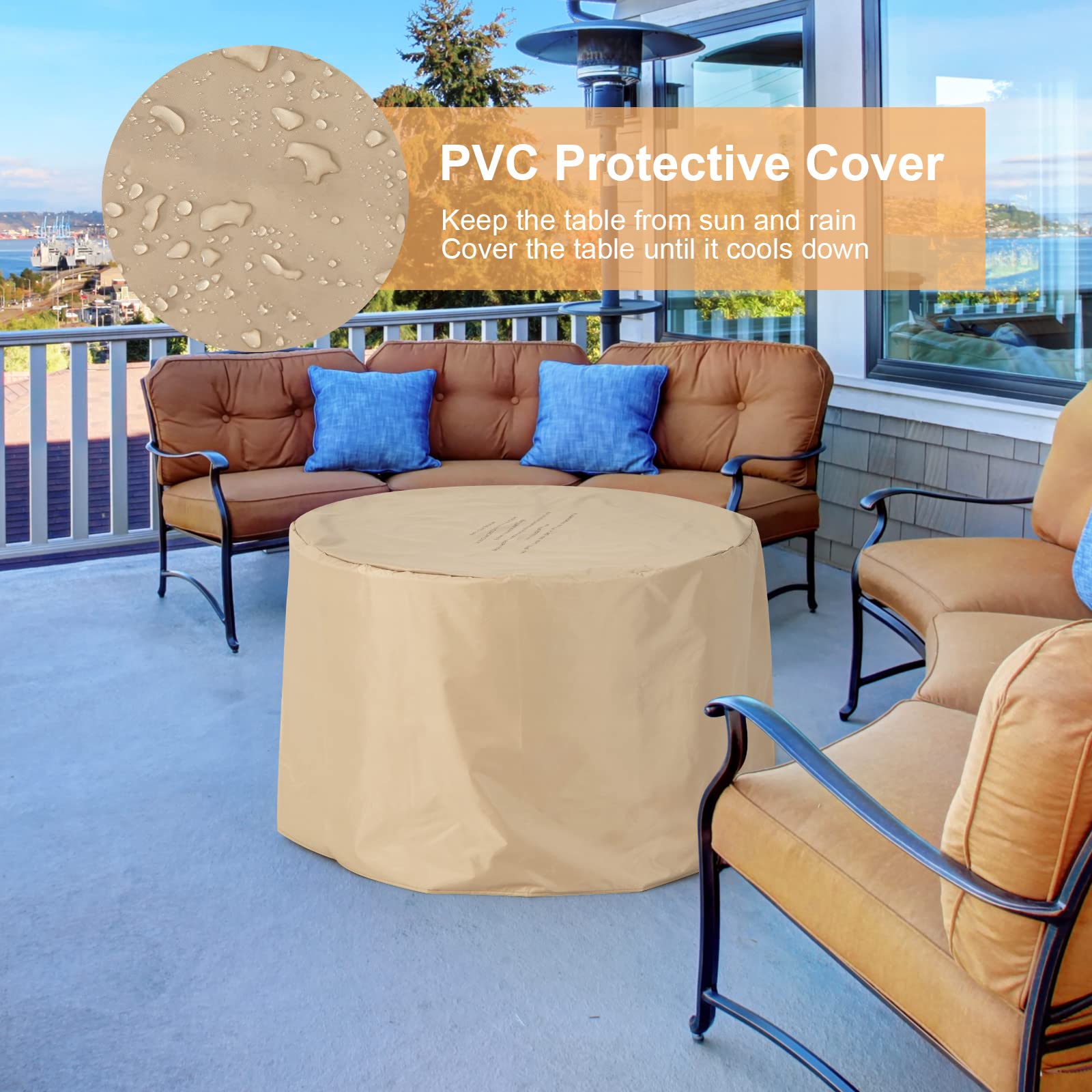 Tangkula 50,000 BTU Propane Gas Fire Pit Table, Patiojoy 36β Round Propane Firepit with Removable Lid, Volcanic Rock & PVC Cover, Outdoor Fire Pit Table with Faux Stone Surface for Patio, Backyard