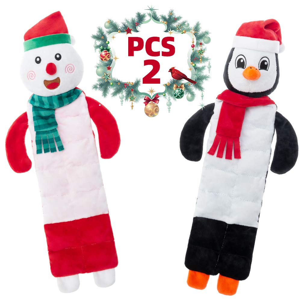EXPAWLORER Christmas Dog Squeaky Plush Toys 2 Pack - No Stuffing Squeaking Snowman & Penguin Dog Chew Toy Xmas Gifts for Pets
