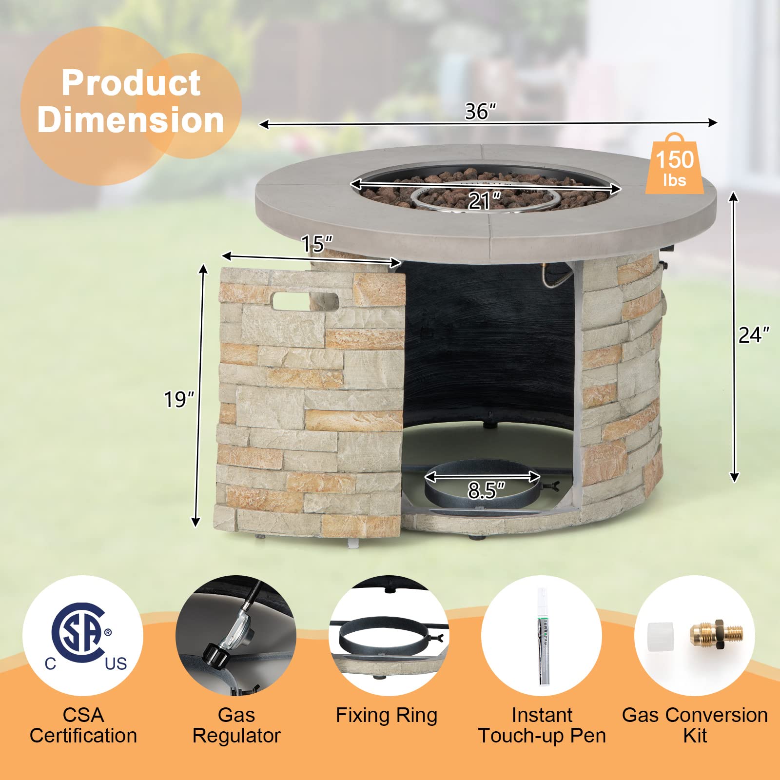 Tangkula 50,000 BTU Propane Gas Fire Pit Table, Patiojoy 36β Round Propane Firepit with Removable Lid, Volcanic Rock & PVC Cover, Outdoor Fire Pit Table with Faux Stone Surface for Patio, Backyard