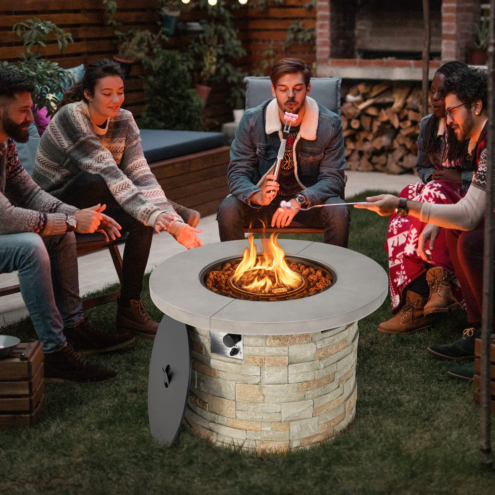 Tangkula 50,000 BTU Propane Gas Fire Pit Table, Patiojoy 36β Round Propane Firepit with Removable Lid, Volcanic Rock & PVC Cover, Outdoor Fire Pit Table with Faux Stone Surface for Patio, Backyard