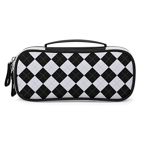 Black and White Plaid Printed Pencil Case Bag Stationery Pouch with Handle Portable Makeup Bag Desk Organizer