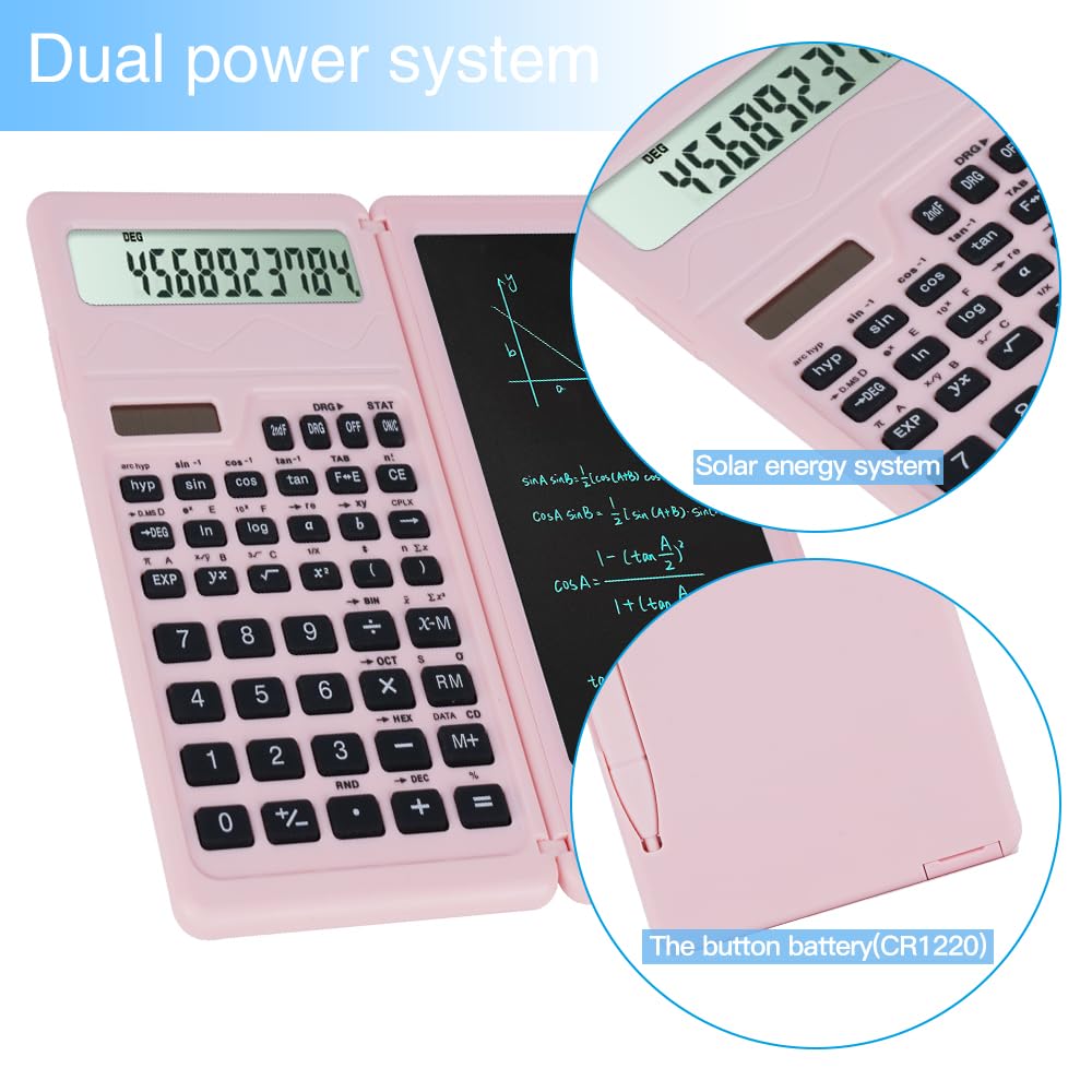 LveSunny Scientific Calculators for Middle School & High School, Solar and Battery Power with Notepad for School,10 Digits Digital with Erasable Writing Board Math Calculator (Pink)