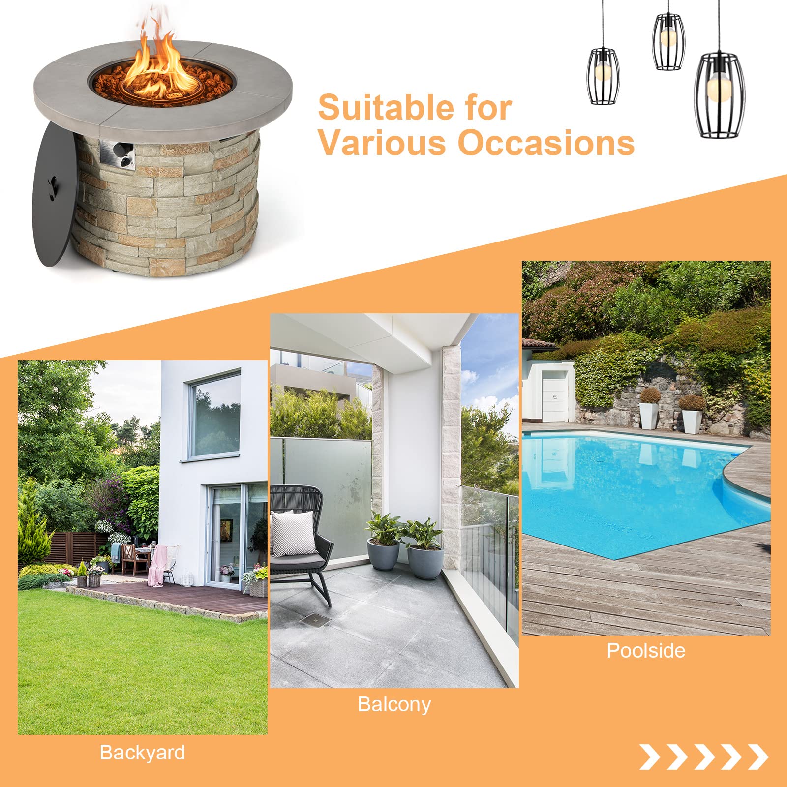Tangkula 50,000 BTU Propane Gas Fire Pit Table, Patiojoy 36β Round Propane Firepit with Removable Lid, Volcanic Rock & PVC Cover, Outdoor Fire Pit Table with Faux Stone Surface for Patio, Backyard