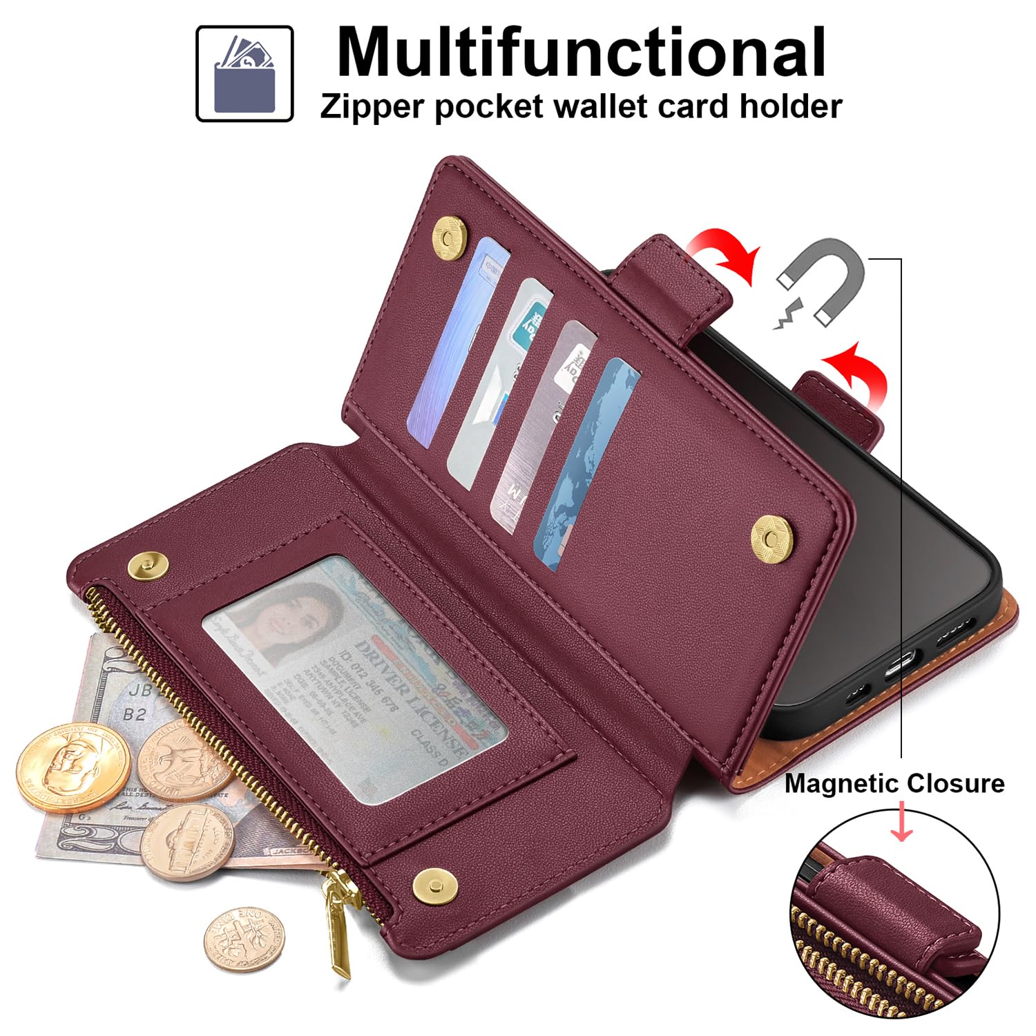 Antsturdy Compatible with iPhone 15 Pro Max Wallet Case,RFID Blocking PU Leather Phone Case Women Men Kickstand flip Cover Wrist Strap Zipper Credit Card Holder Slots for Apple 15 ProMax,Wine Red