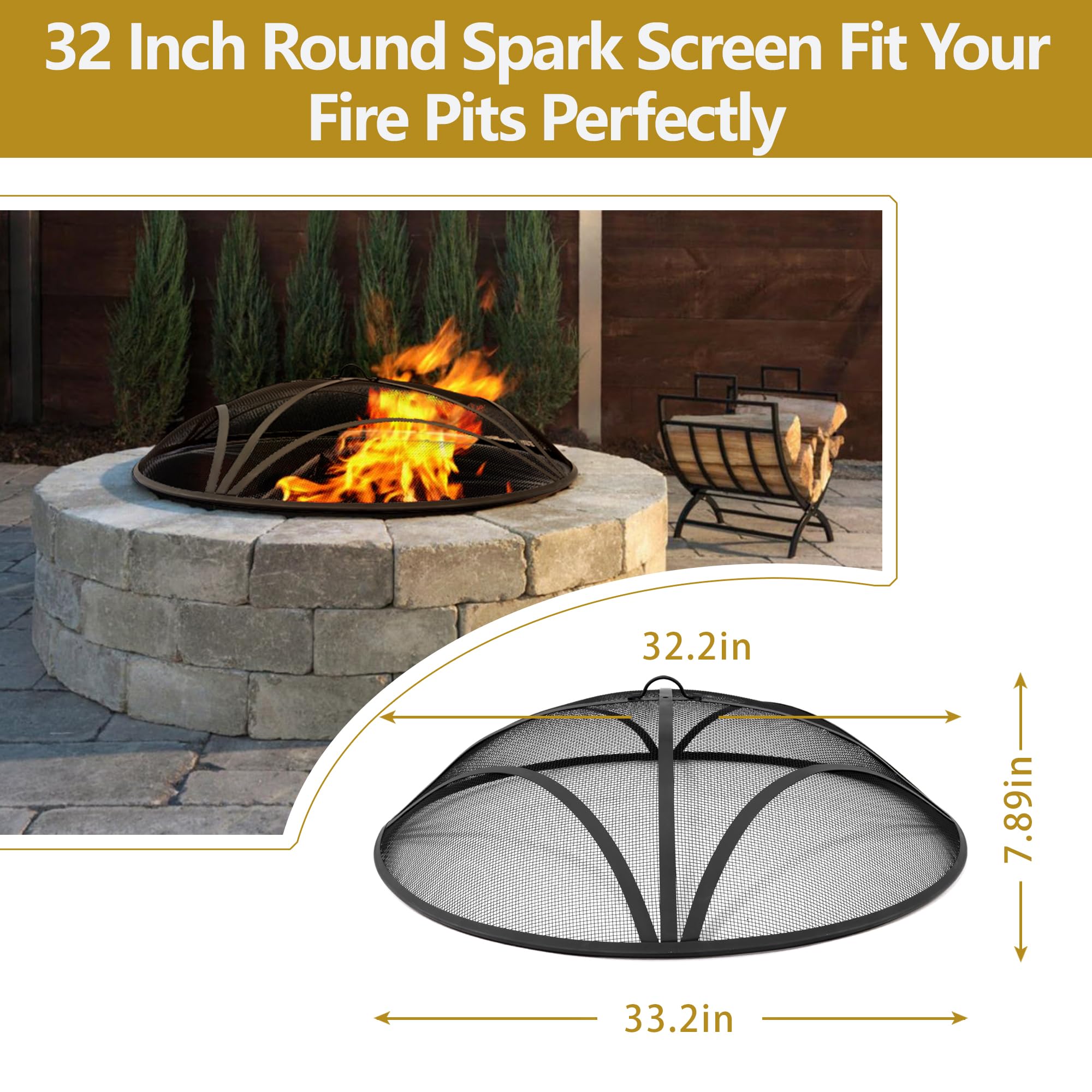 WeCooper 32In Reinforced Steel Round Fire Pit Screen Cover,Outdoor Patio FirePit Spark Screens,Heavy Duty Steel Mesh Fire Pit Ember Lid with Handle…
