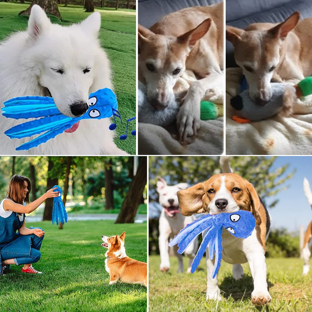 OKVSKO Dog Squeaky Toys Plush Chew Toy Crinkle No Stuffing Octopus Stuffed Duck Pet Interactive Toy Durable with Squeaker for Puppies, Small, Medium, and Large Dogs 2 Pack