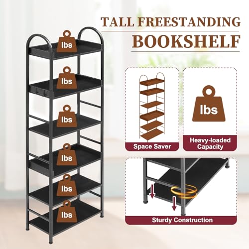 Xshelley 6-Tier Bookcase and Bookshelf, Bookcase with Metal Frame, Industrial Bookshelf with Open Storage Shelves for Home Office (Black)