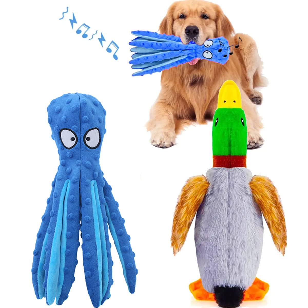 OKVSKO Dog Squeaky Toys Plush Chew Toy Crinkle No Stuffing Octopus Stuffed Duck Pet Interactive Toy Durable with Squeaker for Puppies, Small, Medium, and Large Dogs 2 Pack