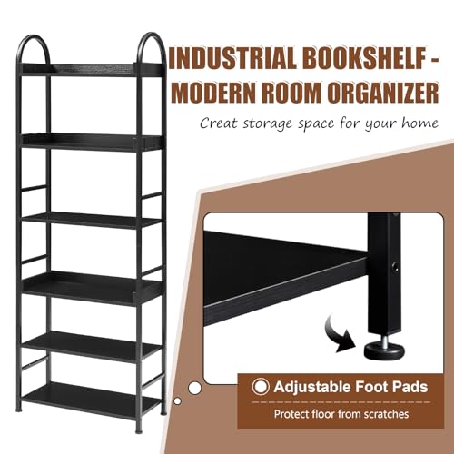 Xshelley 6-Tier Bookcase and Bookshelf, Bookcase with Metal Frame, Industrial Bookshelf with Open Storage Shelves for Home Office (Black)