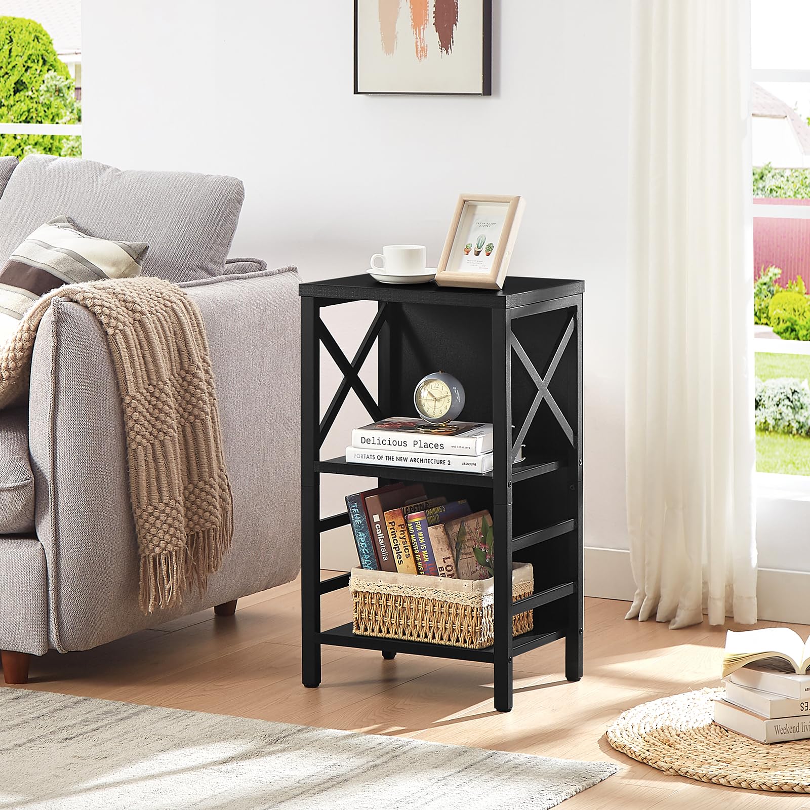 MNEETRUNG Small Bookcase,3 Tier Industrial Bookshelf with Metal Frame and Backboard,Low Black Book Shelf,Small Book case for Small Spaces,Living Room,Bedroom and Home Office
