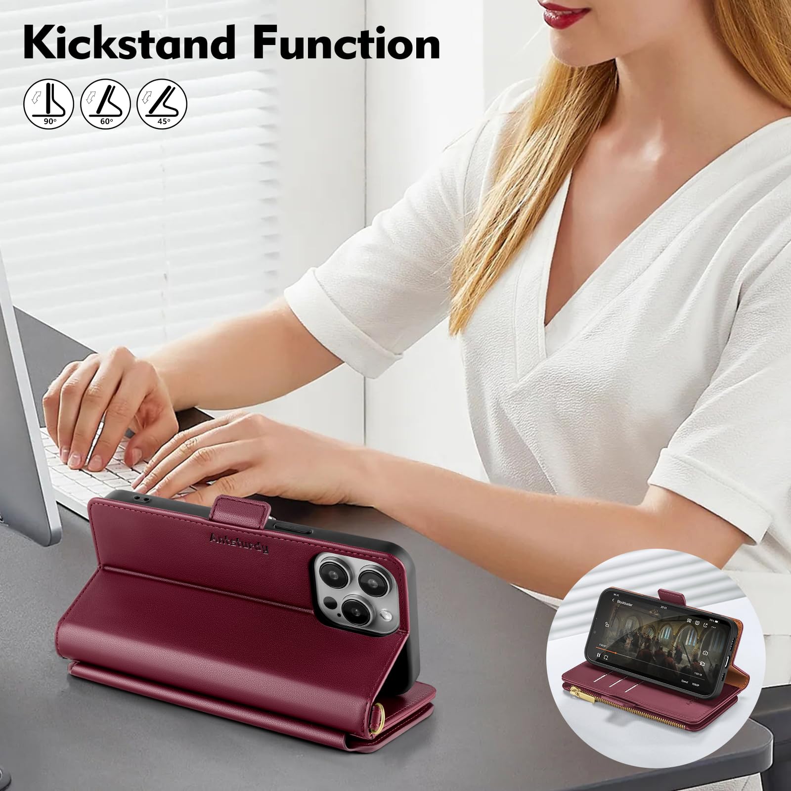 Antsturdy Compatible with iPhone 15 Pro Max Wallet Case,RFID Blocking PU Leather Phone Case Women Men Kickstand flip Cover Wrist Strap Zipper Credit Card Holder Slots for Apple 15 ProMax,Wine Red