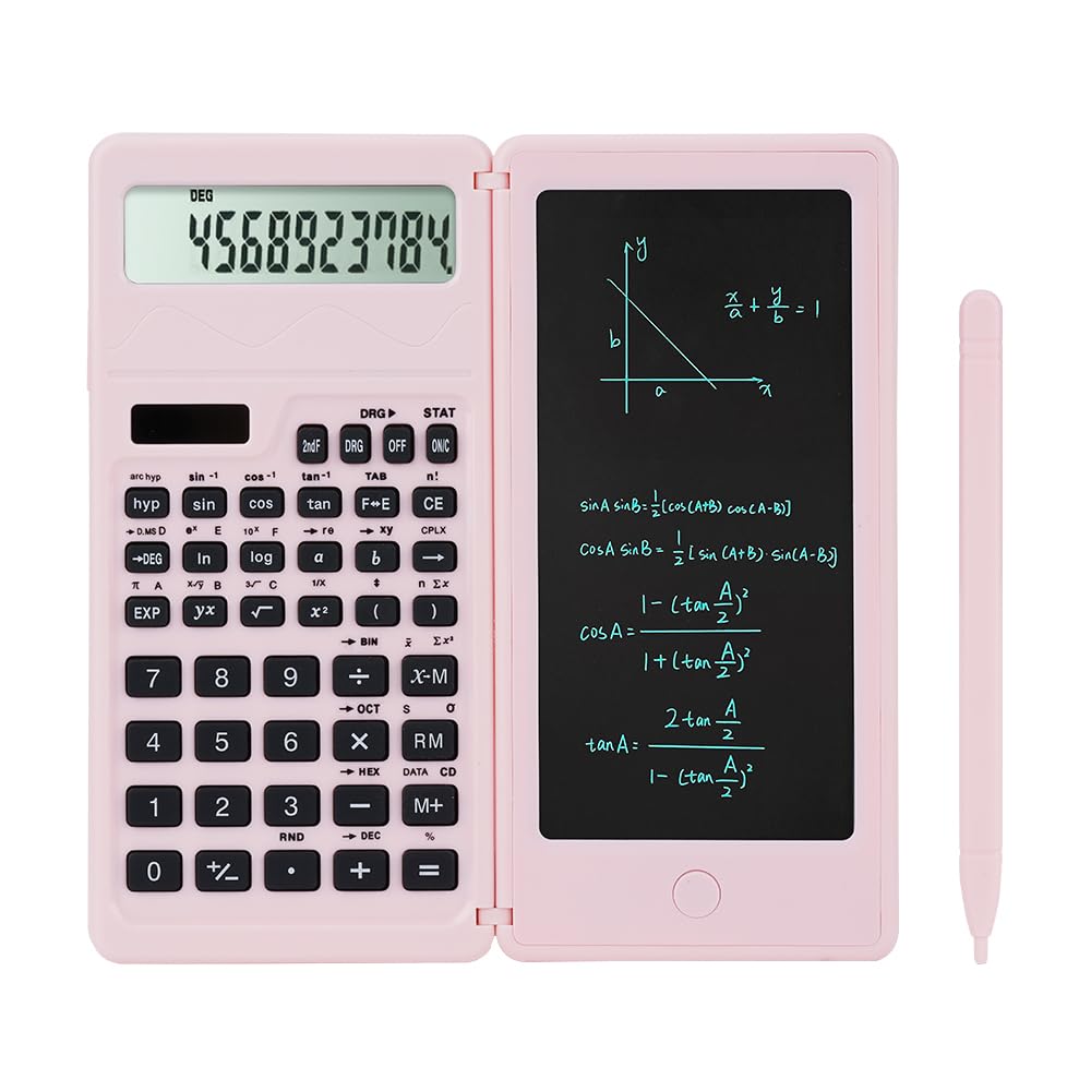 LveSunny Scientific Calculators for Middle School & High School, Solar and Battery Power with Notepad for School,10 Digits Digital with Erasable Writing Board Math Calculator (Pink)